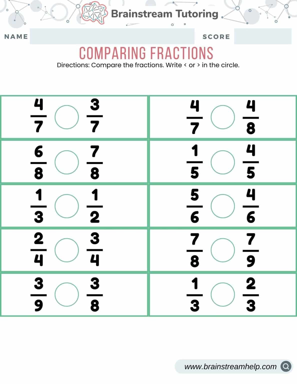Comparing Fractions Printable Worksheet - Brainstreamhelp