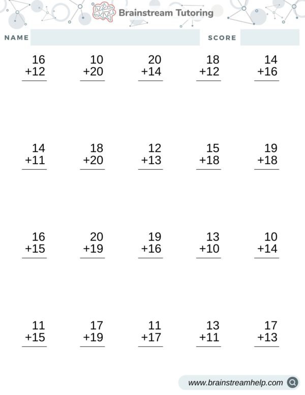 Addition 10-20 Printable Worksheet - Brainstreamhelp