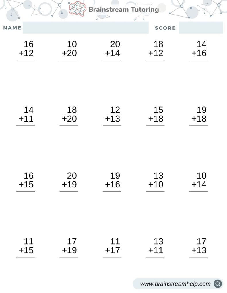 Addition 10-20 Printable Worksheet - Brainstreamhelp