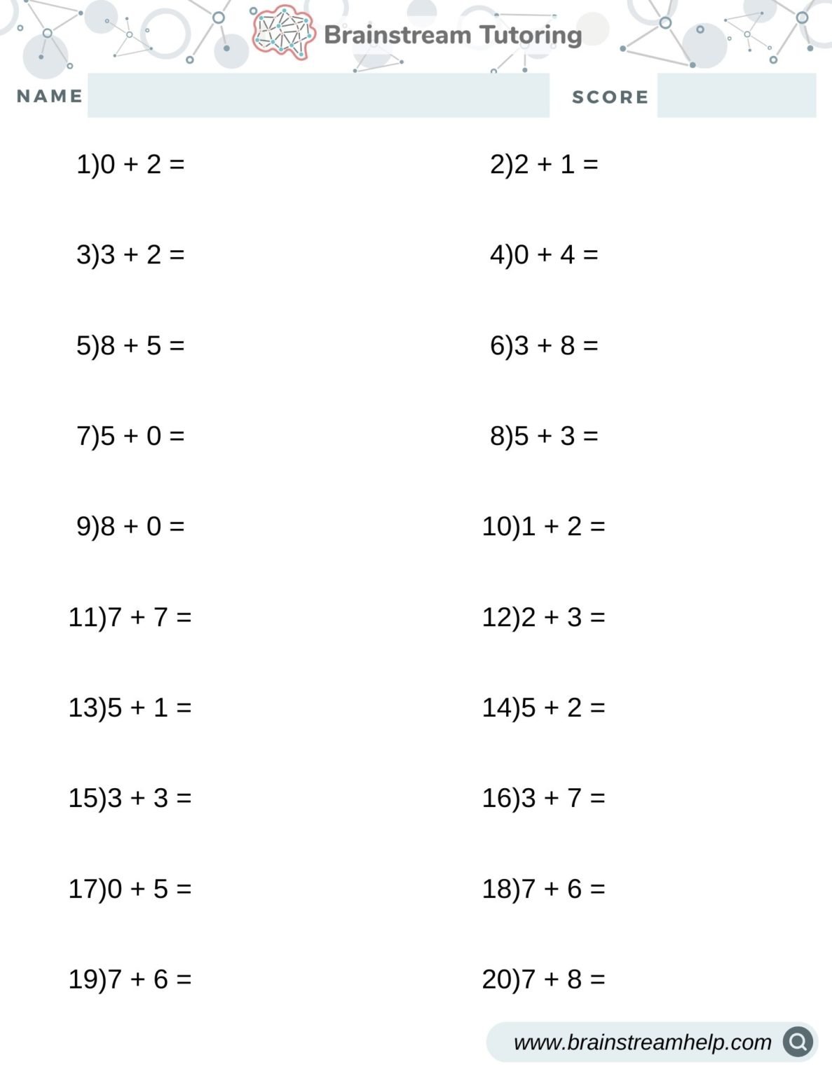 Horizontal Number Addition 1-digit Printable Worksheet - Brainstreamhelp