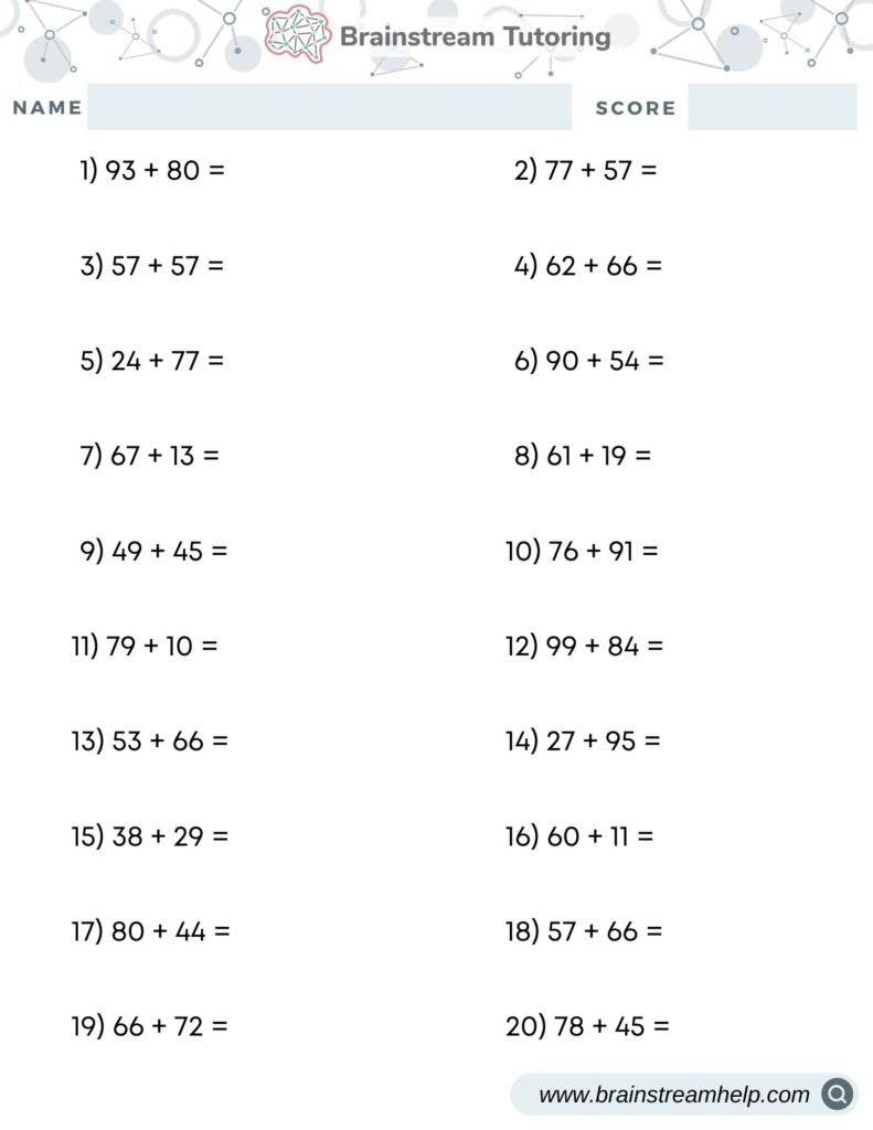 Horizontal Number Addition 2 Digits Printable Worksheets - Brainstreamhelp