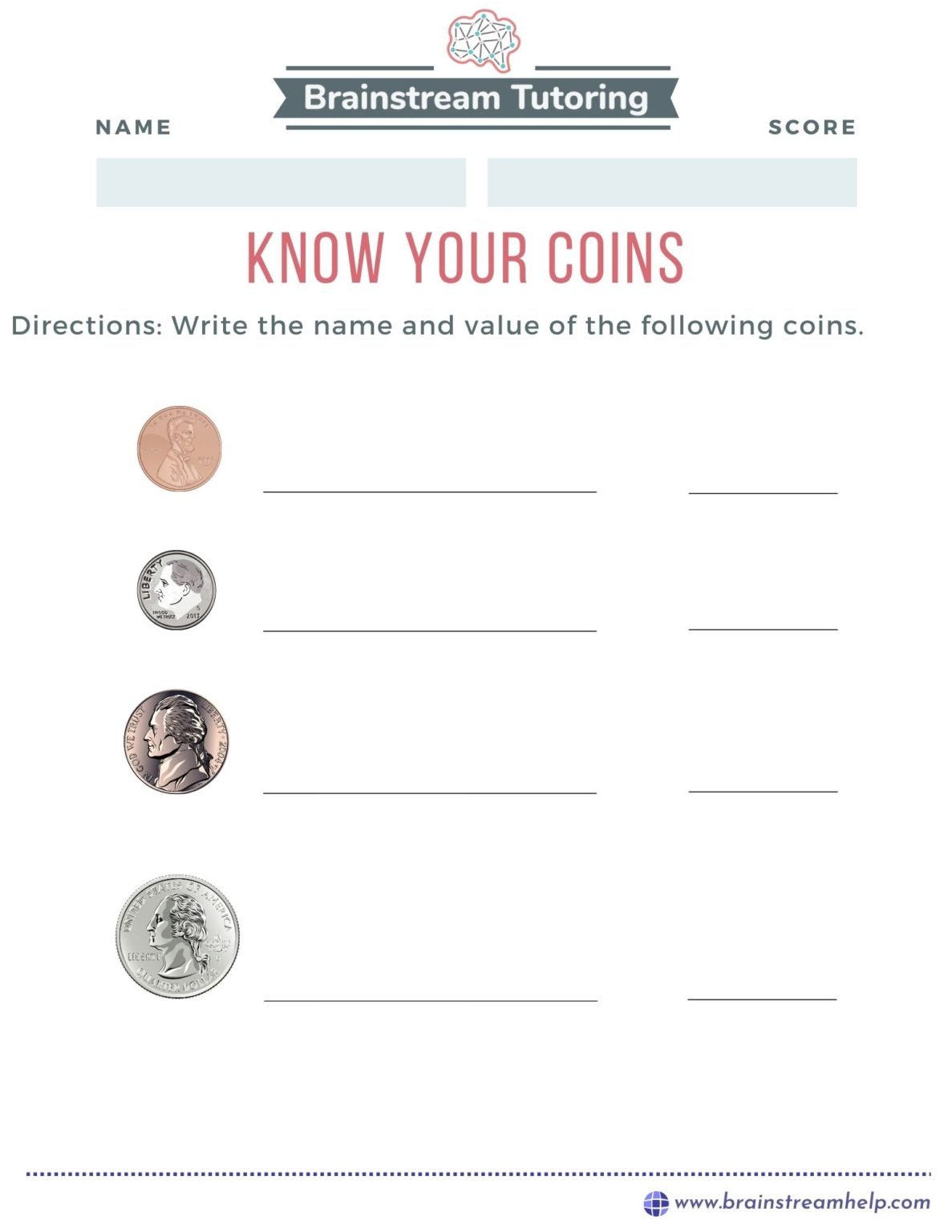 Know Your Coins - Writing Coins Name and Value Practice - Brainstreamhelp