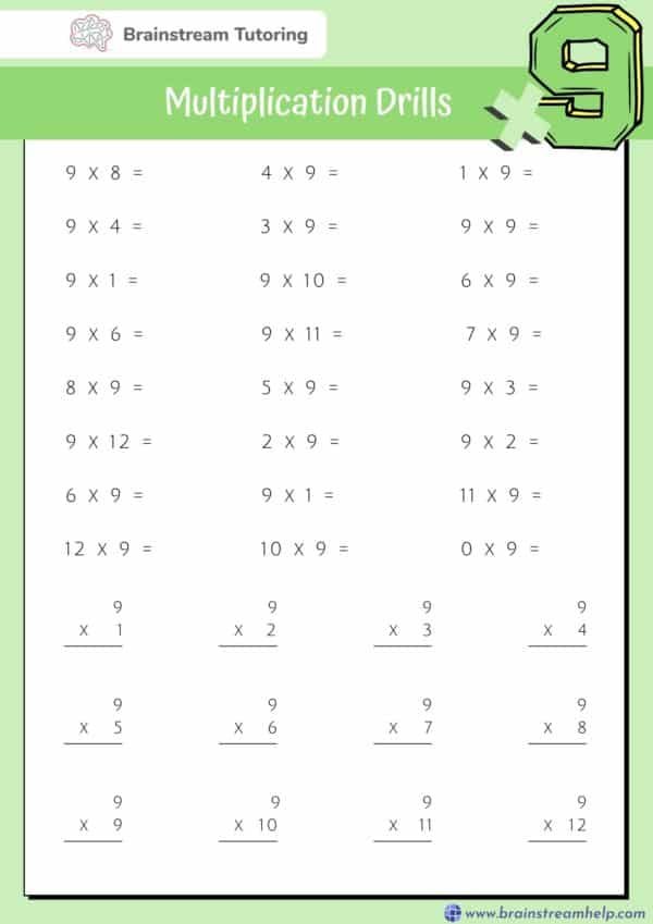 Multiplication Drill - Nine Times Table - Brainstreamhelp