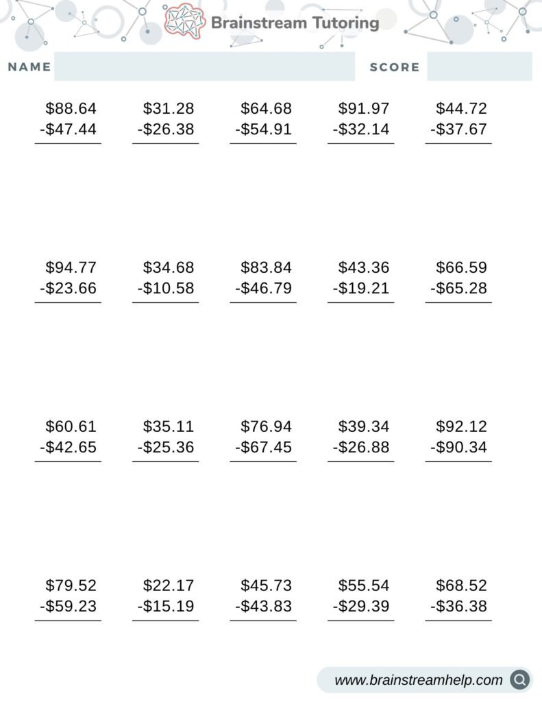 Subtracting Money Worksheet 2-Digit - Brainstreamhelp