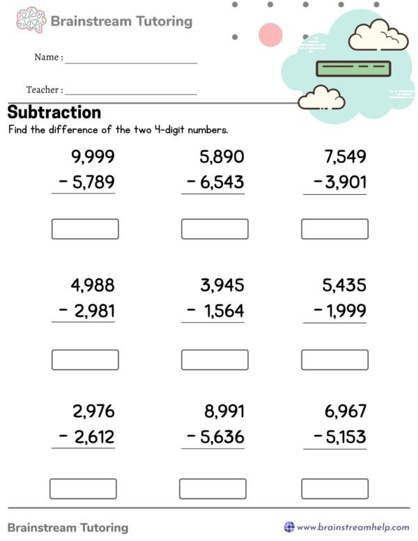 Subtraction of two four-digit numbers - with answers - Brainstreamhelp