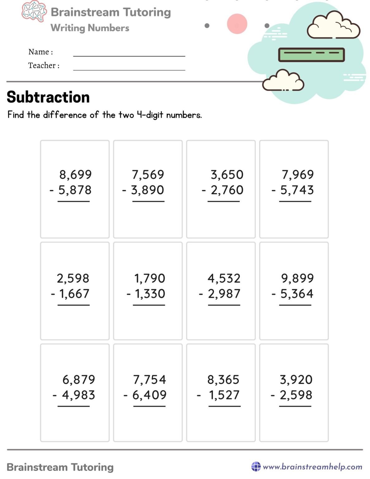 Subtraction of two four-digit numbers - with answers - Brainstreamhelp